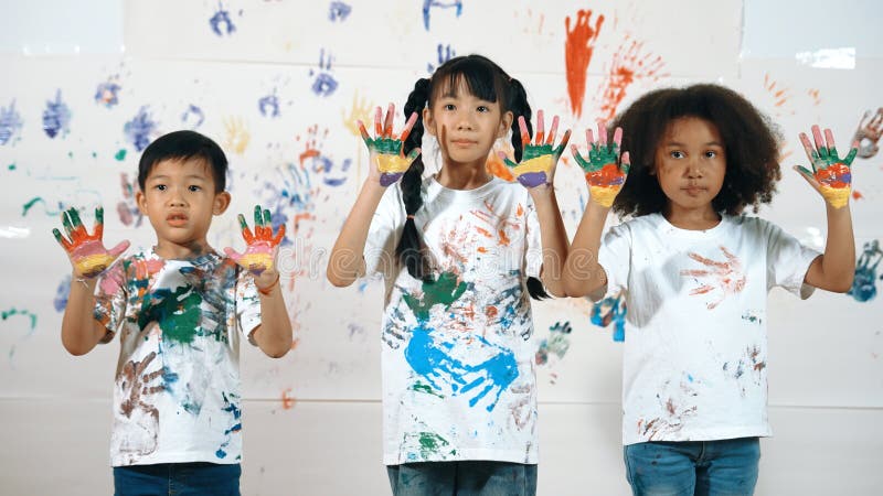 Diverse Students Put Hands Up Together Show Colorful Stained Hands ...