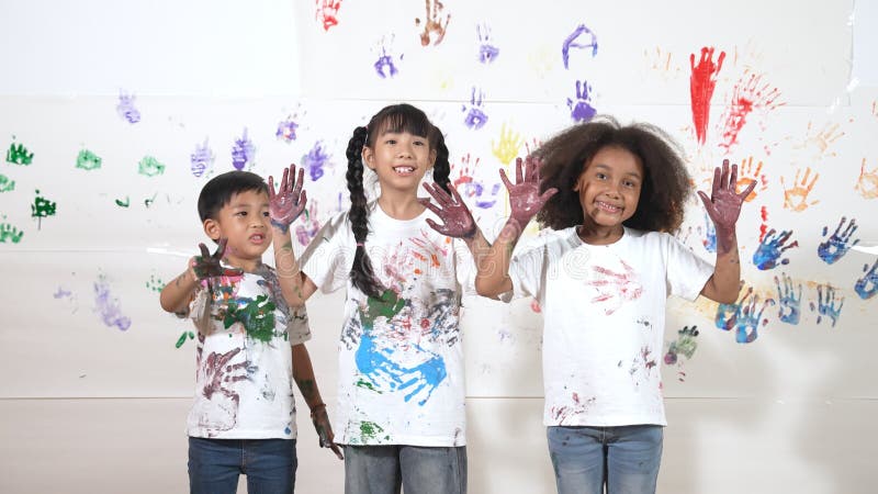 Diverse Students Put Hands Up Together Show Colorful Stained Hands ...