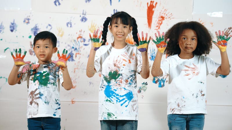 Diverse Students Put Hands Up Together Show Colorful Stained Hands ...