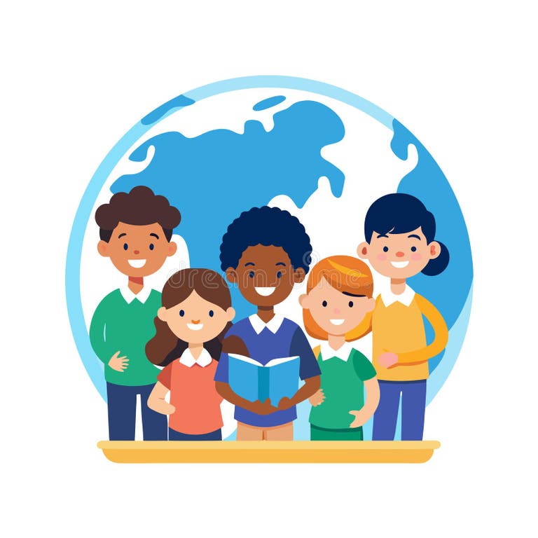 Diverse Students Reading a Book Together in Front of the World Globe ...
