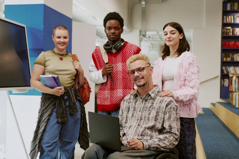 Diverse Students Smiling and Looking at Camera in Library Stock Photo ...