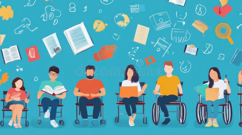 Diverse Students Studying Together, Surrounded by Educational Icons ...