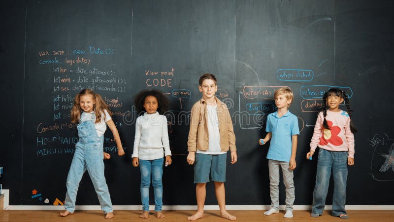 Diverse Students Turn Around and Dancing at Blackboard with Code ...