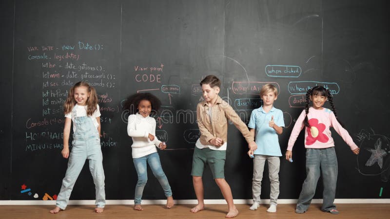 Diverse Students Turn Around and Dancing at Blackboard with Code ...