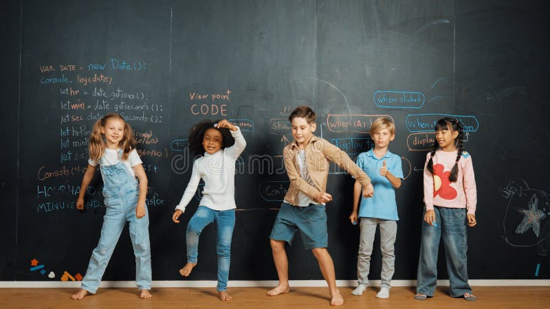 Diverse Students Turn Around and Dancing at Blackboard with Code ...