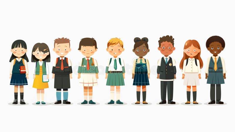 Diverse Students Wearing School Uniforms Flat Design Front View ...