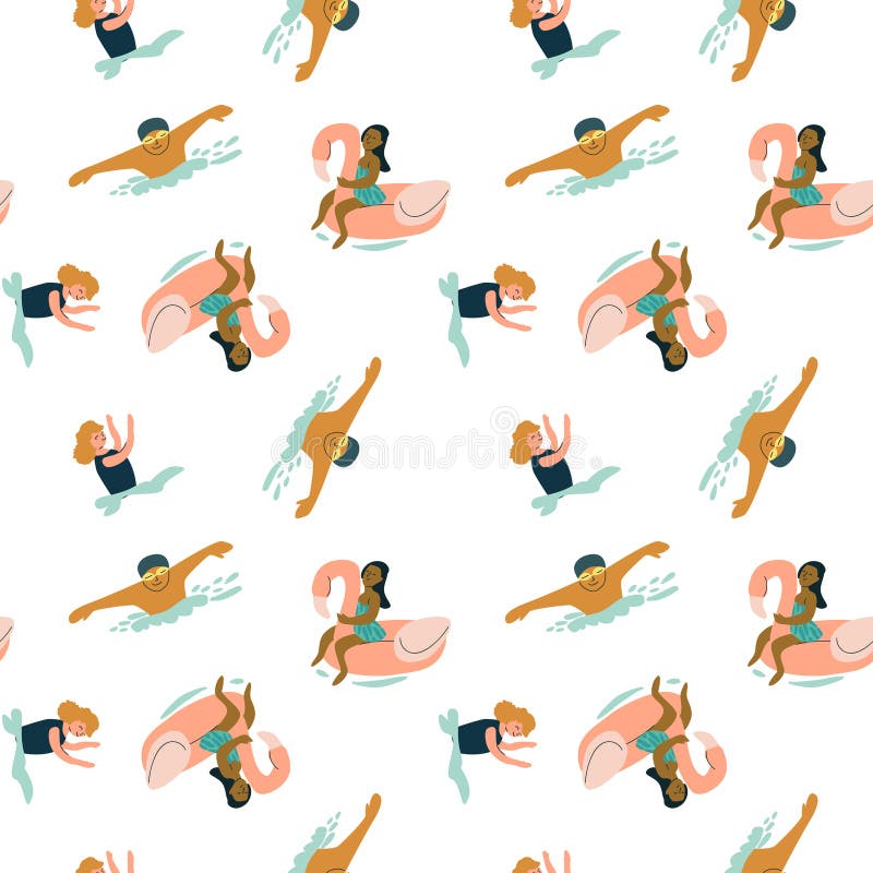 Diverse Swimmers and Pool Floats Pattern with Kids Swimming Fun Stock ...