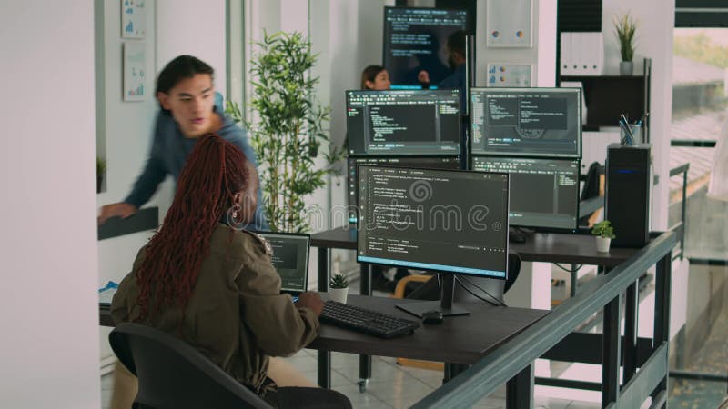 Diverse Team of Ai Cloud Programers Talking about Coding Script in ... Diverse Team of Ai Cloud Programers Talking about Coding Script in ...