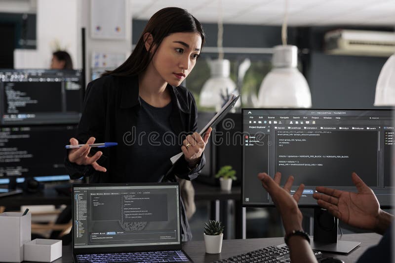 Diverse Team Of App Developers Using Computer To Write Html Code And Develop Algorithm Program
