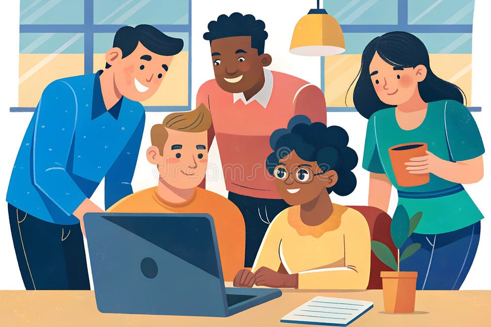 Diverse Team Brainstorming with Computer Flat Illustration. Collab ...