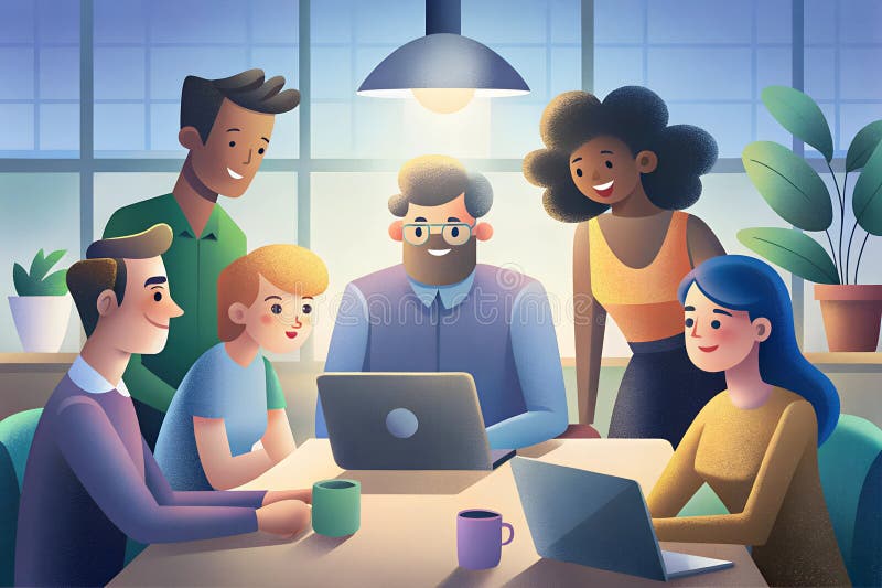 Diverse Team Brainstorming with Computer Flat Illustration. Collab ...