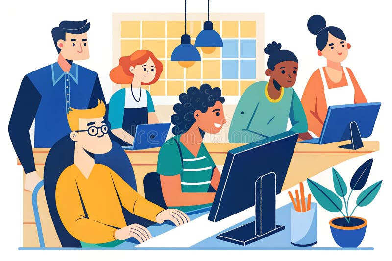 Diverse Team Brainstorming with Computer Flat Illustration. Collab ...