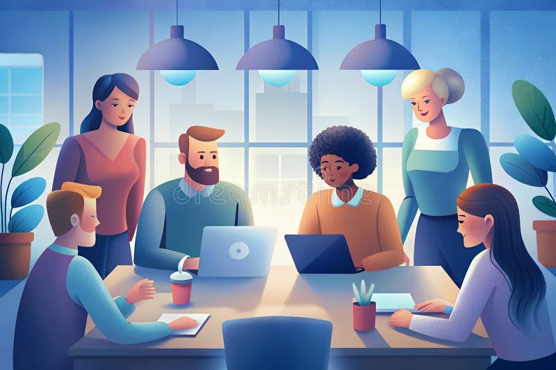 Diverse Team Brainstorming with Computer Flat Illustration. Collab ...