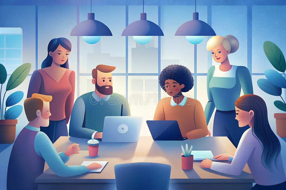 Diverse Team Brainstorming with Computer Flat Illustration. Collab ...