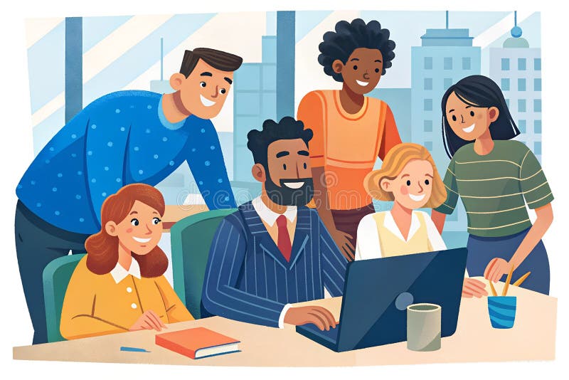 Diverse Team Brainstorming with Computer Flat Illustration. Collab ...