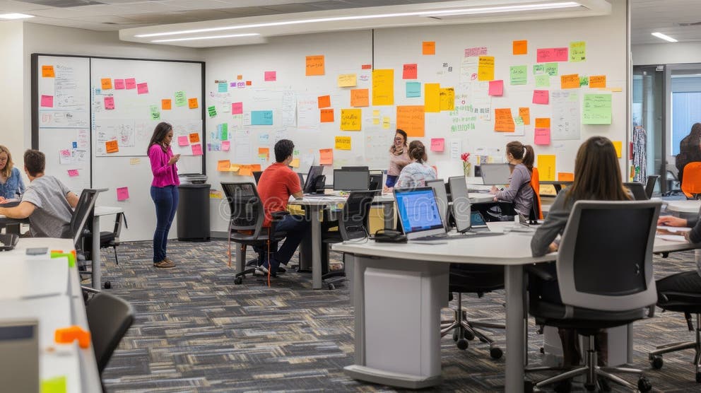 Diverse Team Brainstorming Ideas Using Sticky Notes and Laptops in a ...