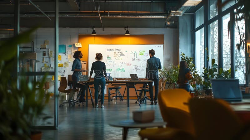 Diverse Team Brainstorming Ideas at Whiteboard in Modern Office Space ...