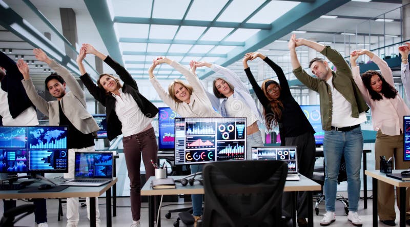 Diverse Team of Business Workers Doing Yoga Stretches Stock Photo ...