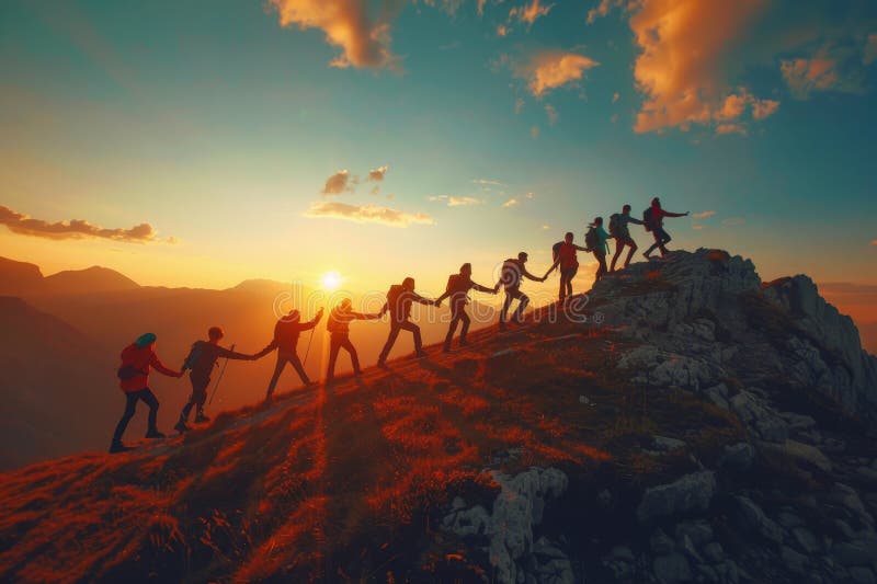 Diverse Team Climbing Mountain Together at Sunset, Unity and Teamwork ...