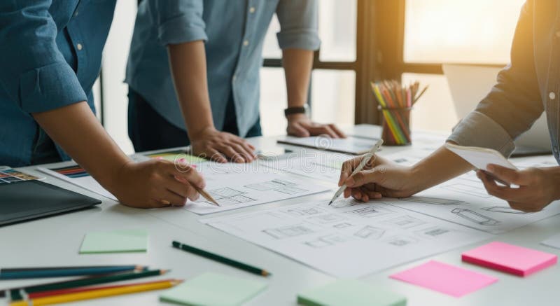 Diverse Team Collaborating on Architectural Design with Blueprints and ...