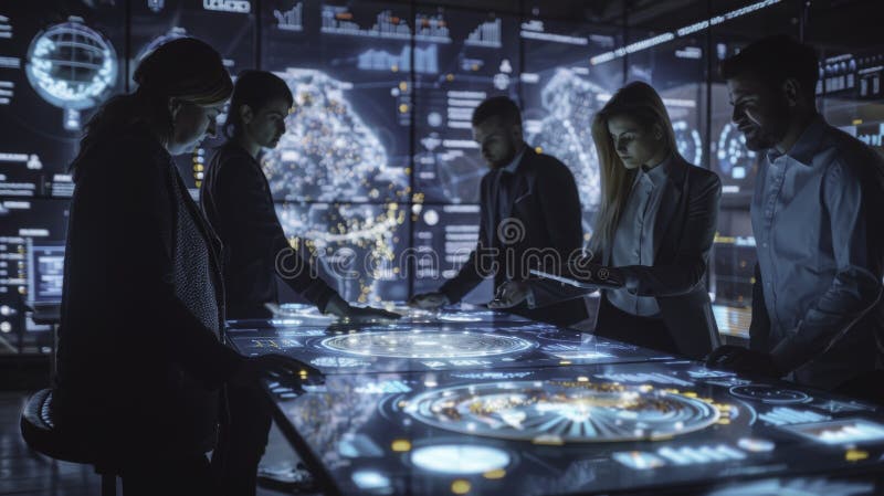 A Diverse Team Collaborating Around a Futuristic Touchscreen Interface ...