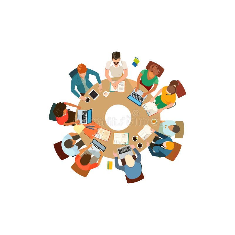 Diverse Team Collaborating Around Round Table. Vector Illustration ...