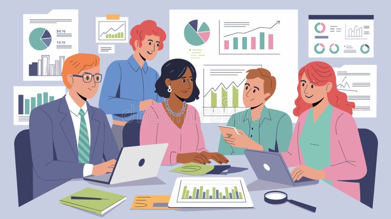 Diverse Team Collaborating on Business Analytics Stock Illustration ...