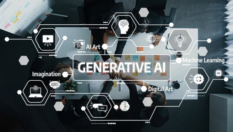 Diverse Team Collaborating on Generative AI Concepts at Modern Workspace Table with Digital Art ...