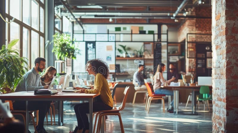 Diverse Team Collaborating on Laptops in a Modern, Open-plan Office Space with Large Windows and ...