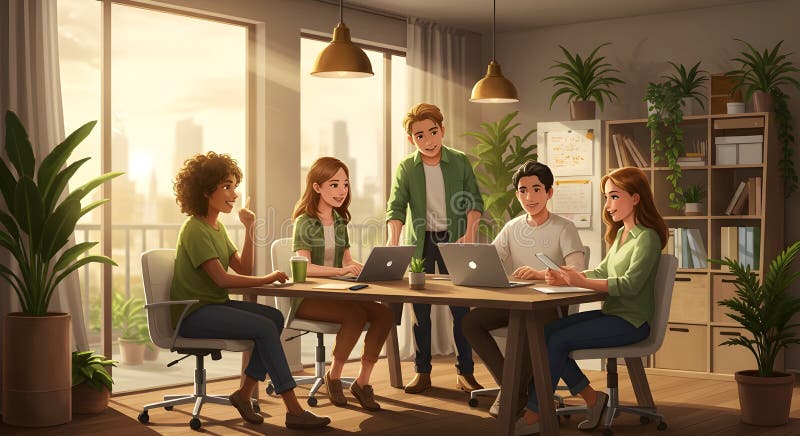Diverse Team Collaborating in Modern Office with City View Stock Image ...