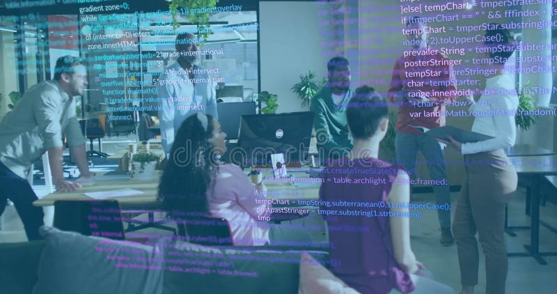 Diverse Team Collaborating in Office with Computer Code Overlay Animation Stock Video - Video of ...