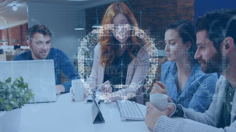 Diverse Team Collaborating at Office with Digital Network Animation ...