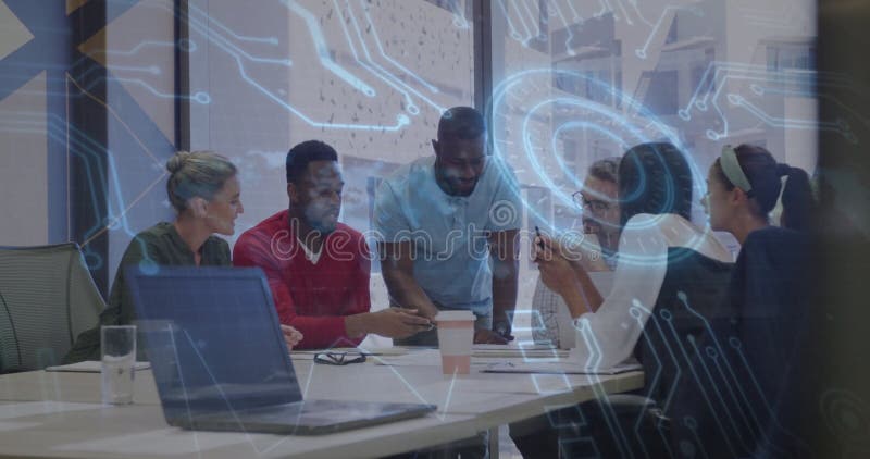 Diverse Team Collaborating at Office with Digital Network Overlay ...