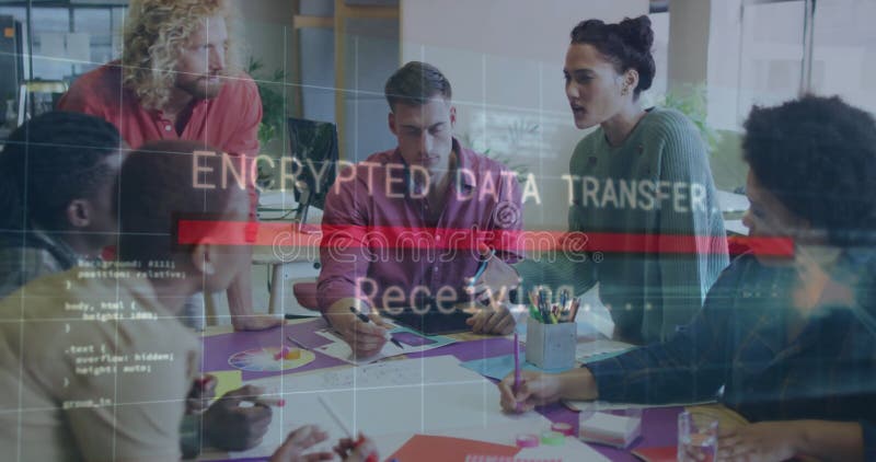 Diverse Team Collaborating at Office with Encrypted Data Transfer ...