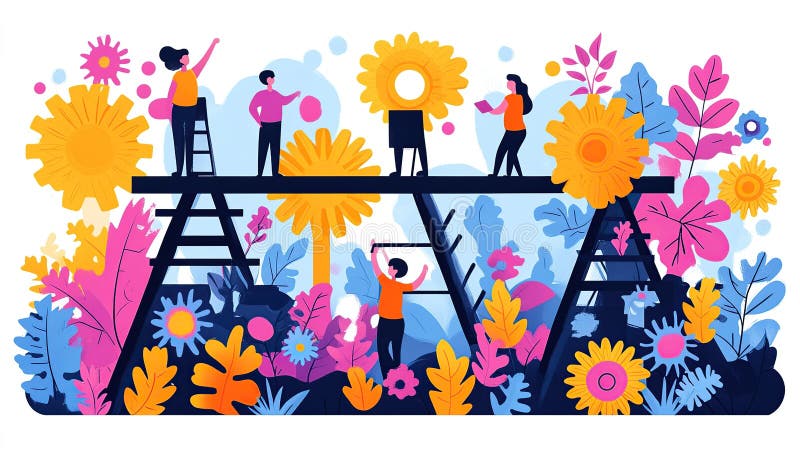 Diverse Team Collaborating on a Platform, Surrounded by Vibrant Flowers ...