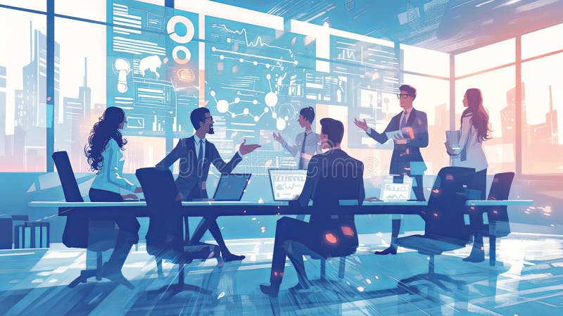 Diverse Team Collaborating on Project in Modern Office Setting Stock Illustration - Illustration ...
