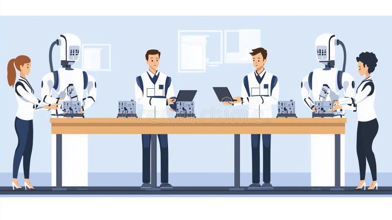 Diverse Team Collaborating with Robots in a Lab Stock Illustration ...