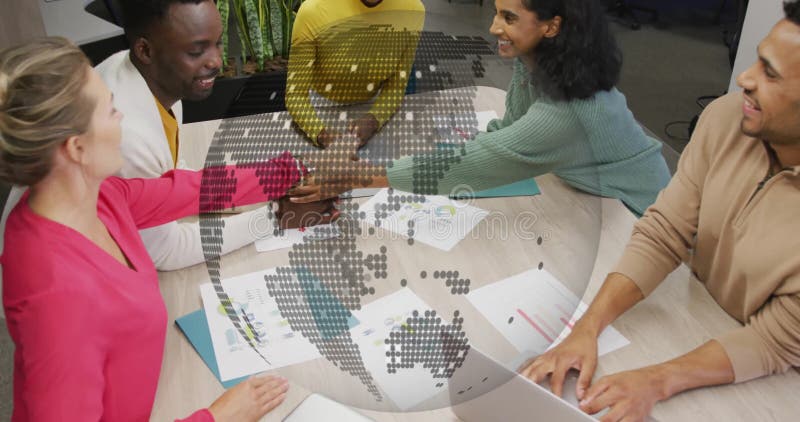 Diverse Team Collaborating at Table with Digital Globe Animation ...