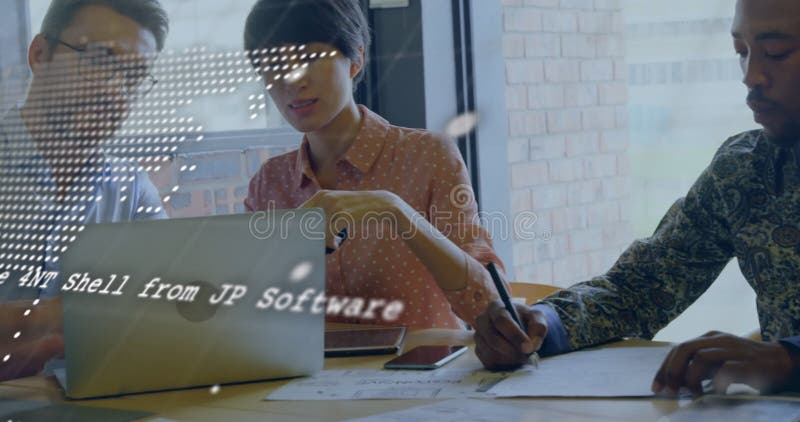 Diverse Team Collaborating at Table with Software Text Animation ...