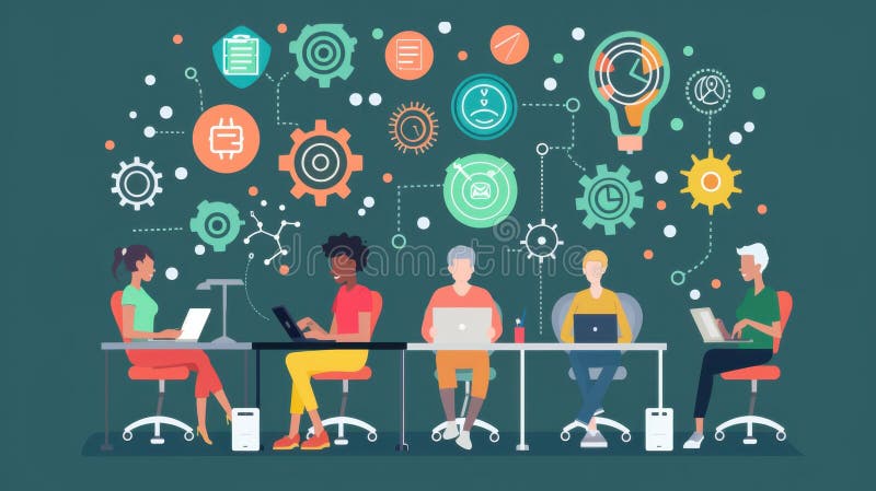 Diverse Team Collaboration in Modern Office Setting Stock Illustration ...