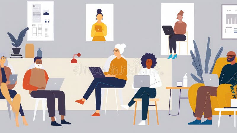 Diverse Team Collaboration in a Modern Workspace Stock Illustration ...
