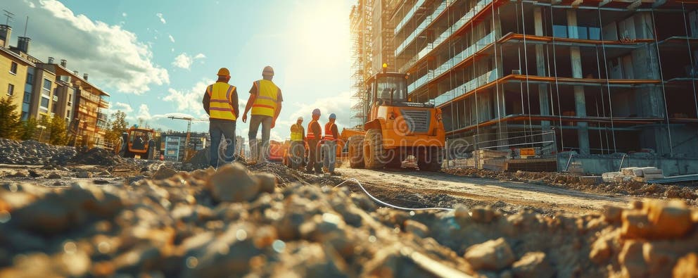 Diverse Team of Construction Workers on Development Site at Sunset ...
