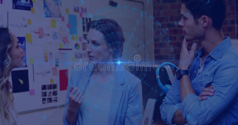 Diverse Team Discussing in Office with Digital Data Overlay Animation ...