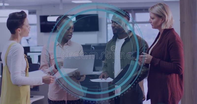 Diverse Team Discussing Project in Office with Digital Network ...