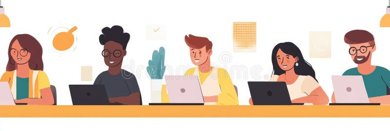 A Diverse Team of Four People Working Together on Laptops Symbolizing ...