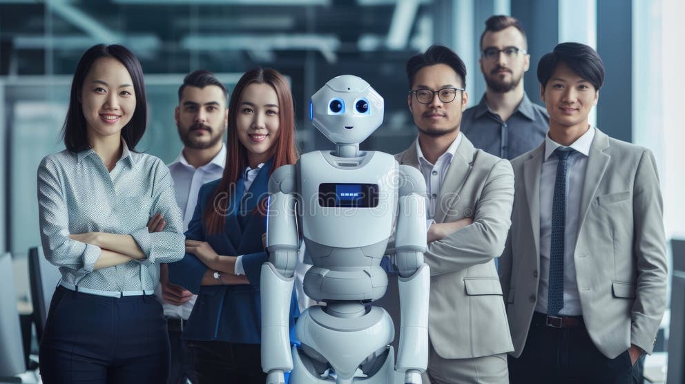 Diverse Team with a Robot in a Modern Office Setting. Technology ...