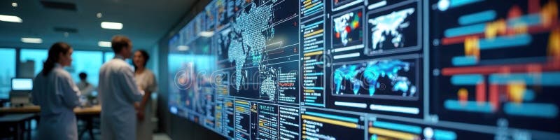 Diverse Team Of Scientists Analyzing Global Data On Interactive Digital Display In Modern Lab