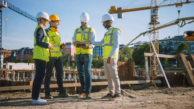 Diverse Team of Specialists Use Tablet Computer on Construction Site ...