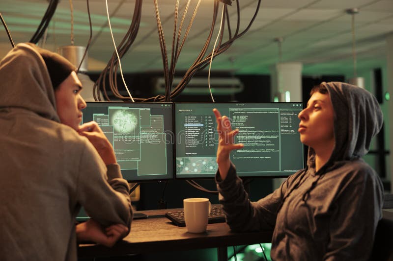 Diverse Team of Spies Talking about Cyberattack at Night Stock Image ...