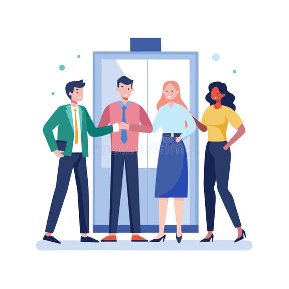 Diverse Team Waiting for an Elevator in Modern Office Building, Showcasing Collaboration and ...
